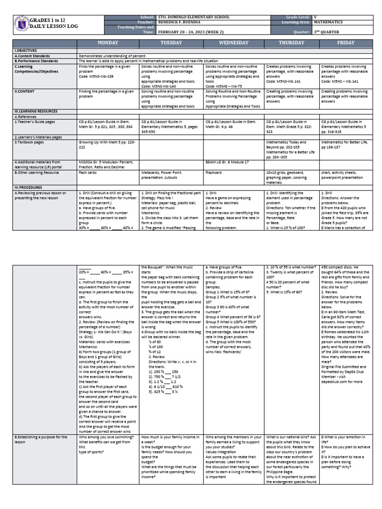 DLL - Mathematics 5 - Q3 - W2 | PDF | Percentage | Mathematics