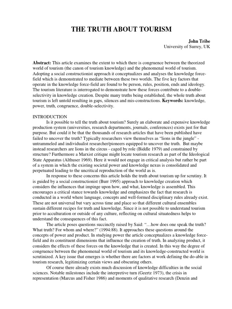 Tribe J 2006 The Truth About Tourism Annals Of Tourism Research