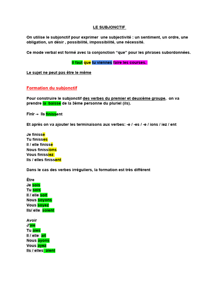 Formation et utilisation du subjonctif | PDF | Verbe | Grammaire