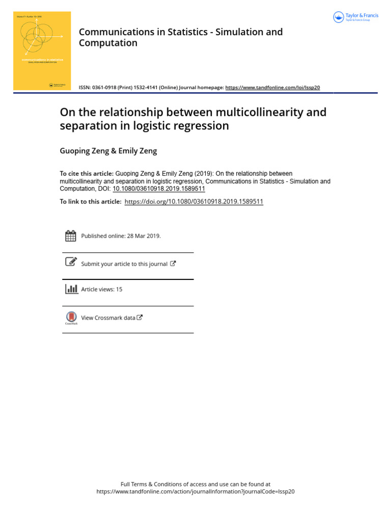 On Relationship Between Multicollinearity and Separation in Logistic Regression | PDF ...