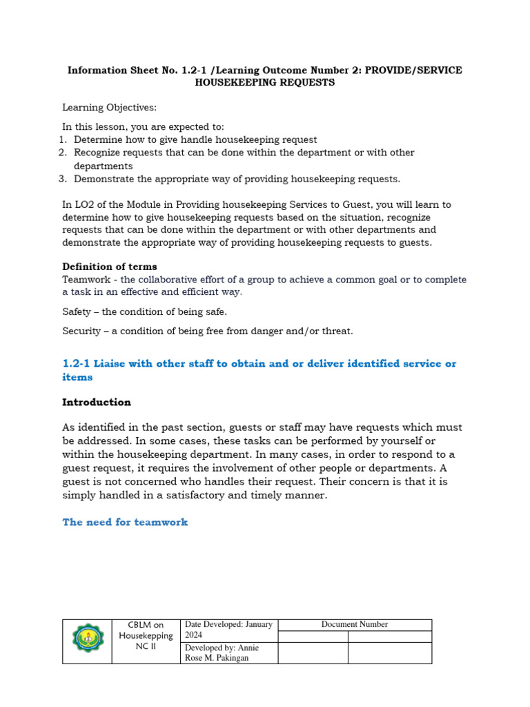 Information Sheet 1 | PDF | Housekeeping