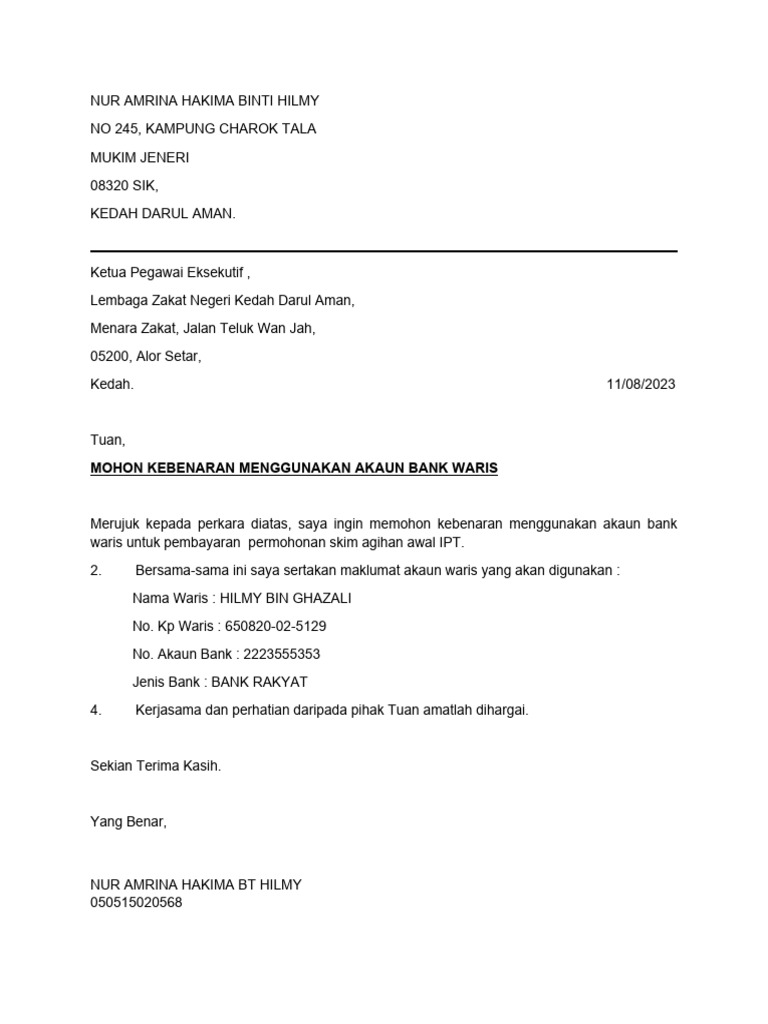 Draf Surat Kebenaran Menggunakan Akaun Waris | PDF