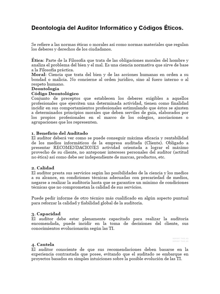 Deontología Del Auditor Informático y Códigos Éticos | PDF | Contralor | Auditoría