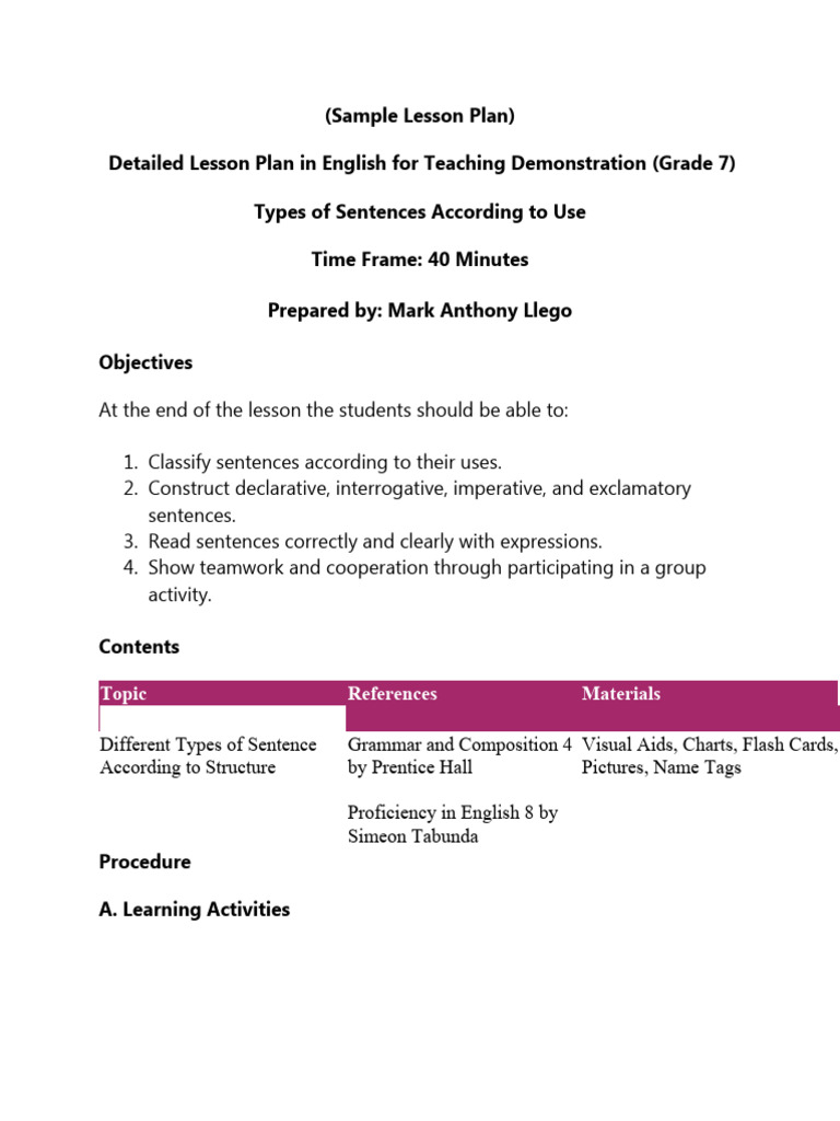 Sample Detailed Lesson Plan in English For Teaching Demonstration | PDF | Question | Sentence ...