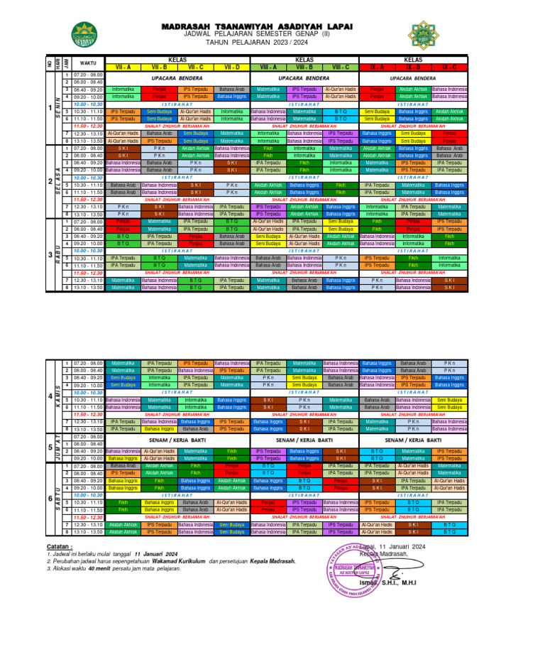Jadwal Pelajaran MTs. As'adiyah Semester Genap (II) TP. 2023-2024 | PDF