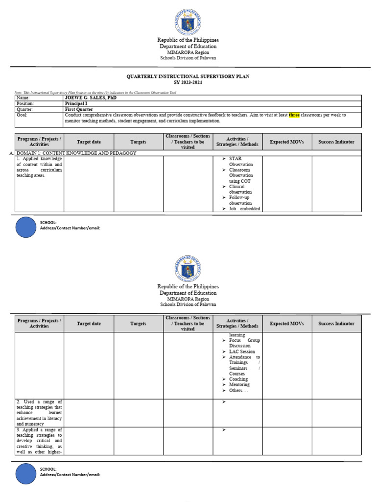 2023-2024 Instructional Supervisory Plan | PDF | Teachers | Learning