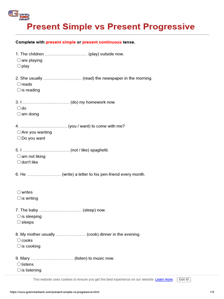 Present Simple Vs Present Progressive Exercise | PDF