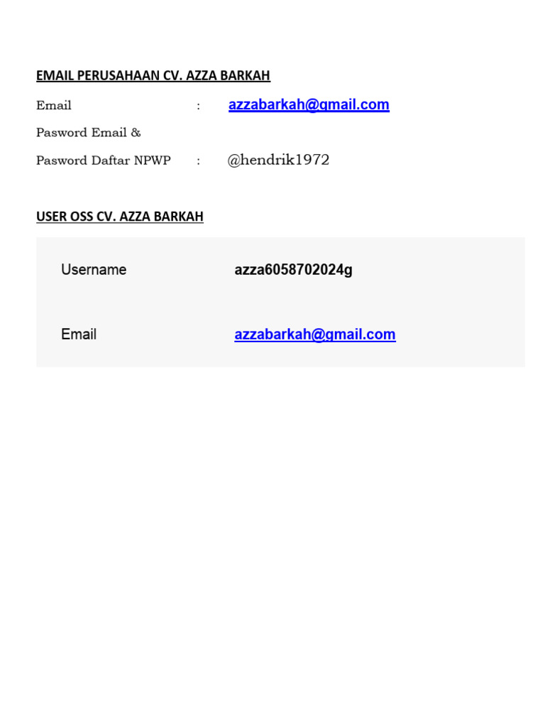 Akun Email Dan User Oss CV Azza Barkah | PDF