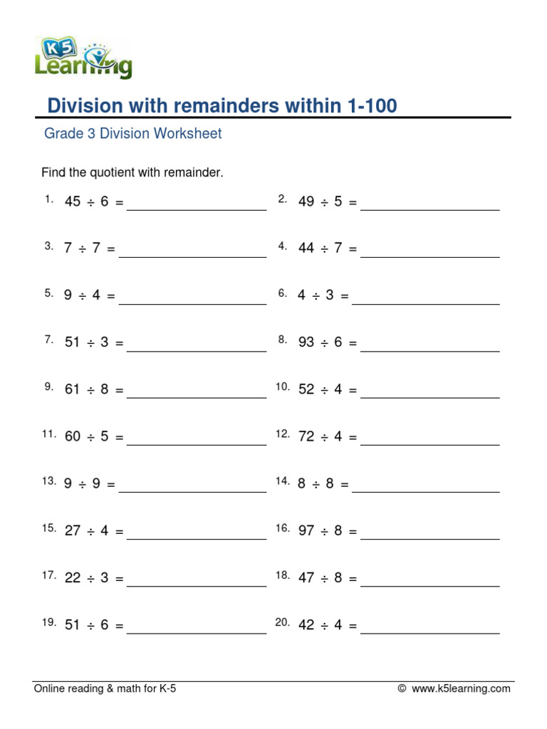 Grade 3 Division Remainders Worksheet | PDF