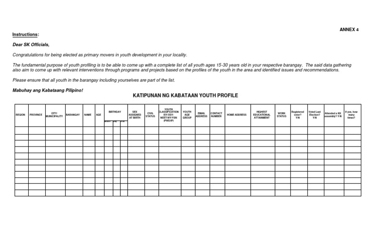 Youth Profiling Instructions for Barangays | PDF