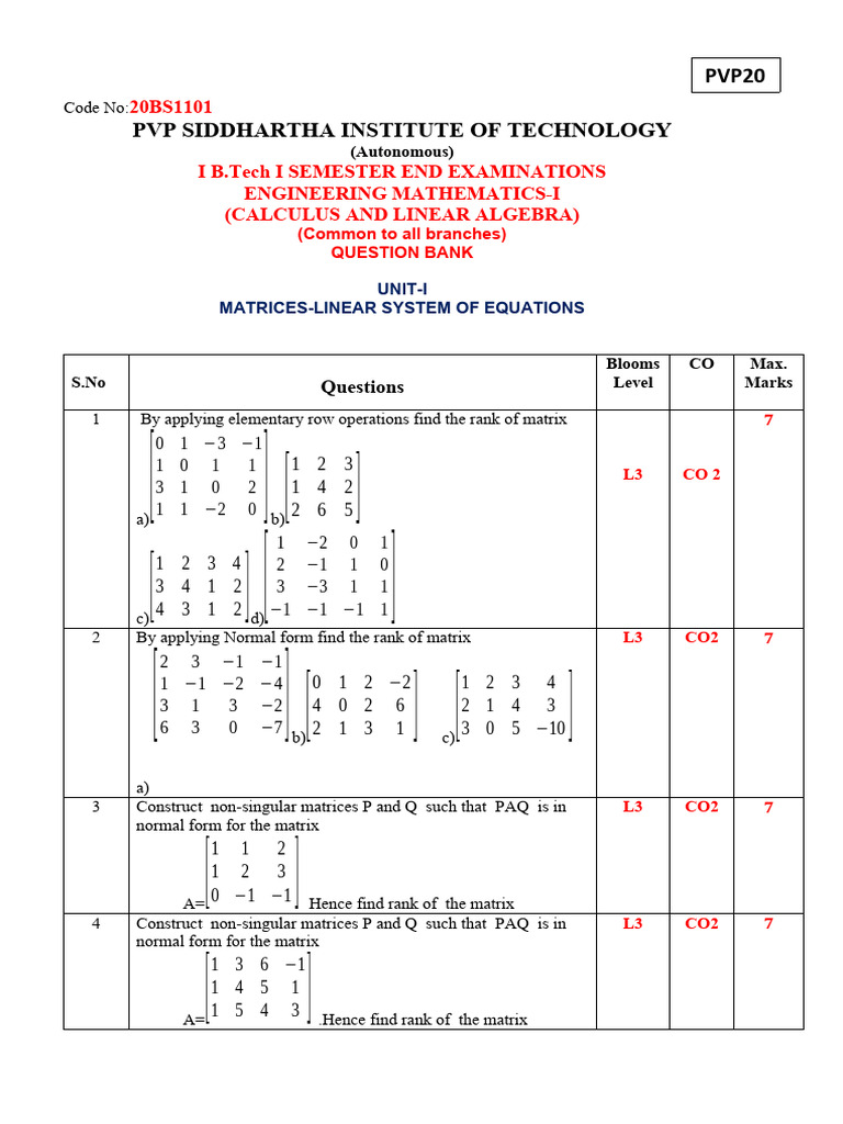 Engineering Mathematics I Question Bank | PDF | Eigenvalues And Eigenvectors | Matrix (Mathematics)