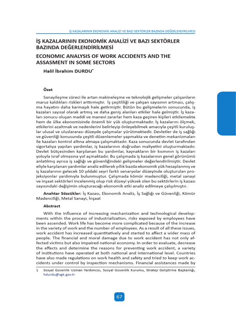 İş Kazalarının Ekonomik Analizi Ve Baz - Sekt - Rler Baz - Nda de - Erlendirilmesi (#172296 ...
