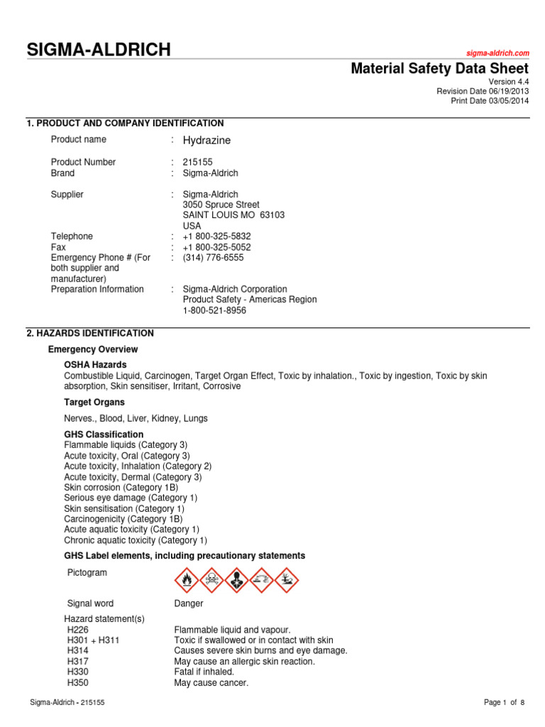 MSDS Hydrazine | PDF