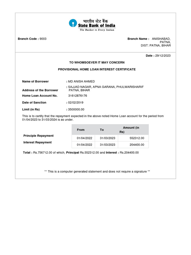 Interest On Housing Loan Self Occupied Property 24 (2) - 204400 - Home Loan-Certificate | PDF