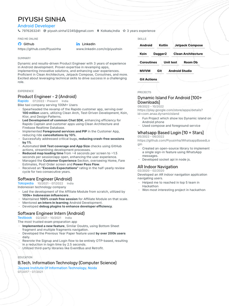 Piyush Sinha Resume | Download Free PDF | Android (Operating System) | Software