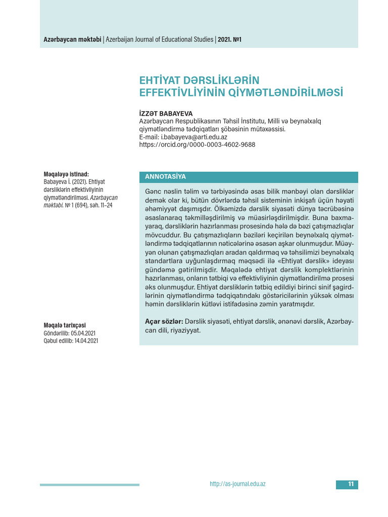 Ehti̇yat Dərsli̇kləri̇n Effekti̇vli̇yi̇ni̇n Qi̇ymətləndi̇ri̇lməsi̇ / Evaluation of The ...