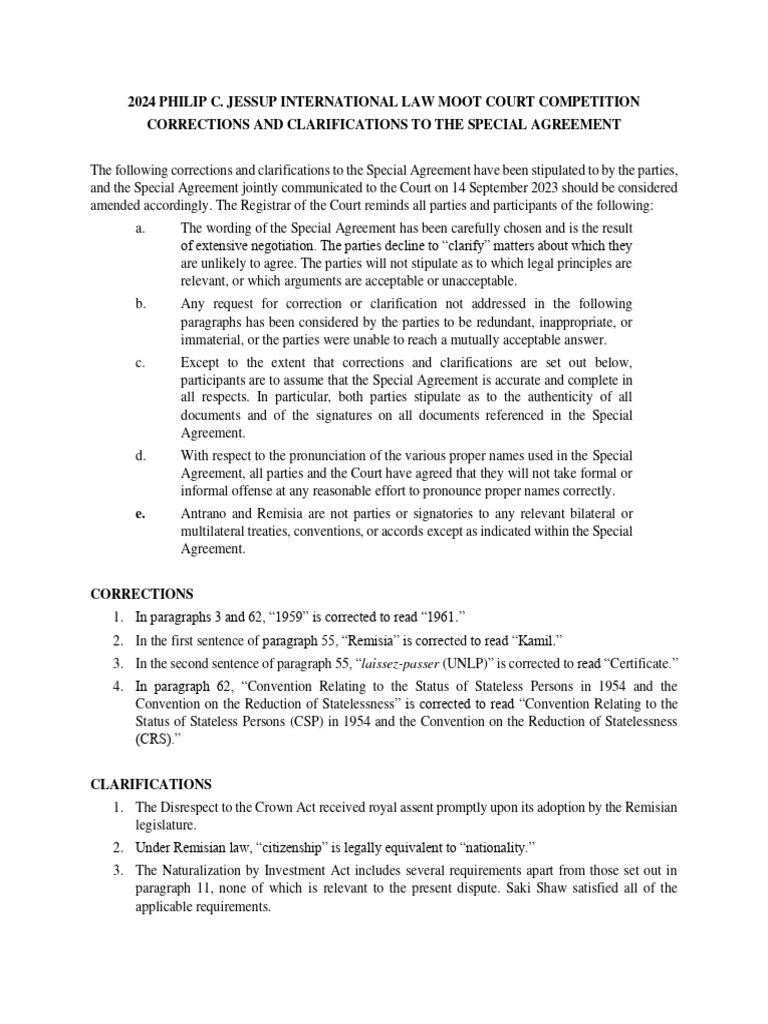 Jessup 2024 Corrections and Clarifications Final | PDF | Treaty | United Nations