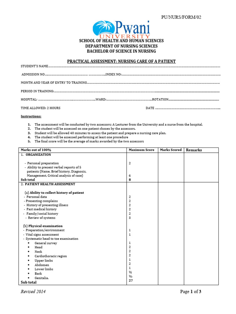1.1 Nursing Care of A Patient Assessment Tool - Version 2 - 2014 | PDF ...