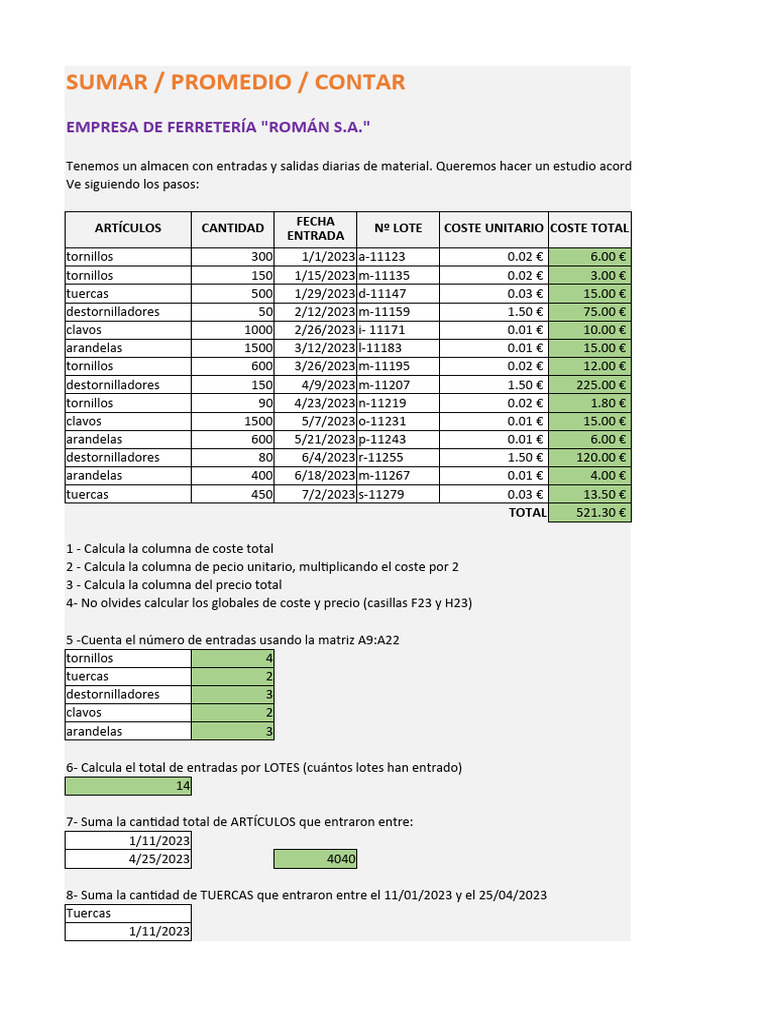 17 Ejercicio - Excel - Sumar - Promedio - Contar | PDF