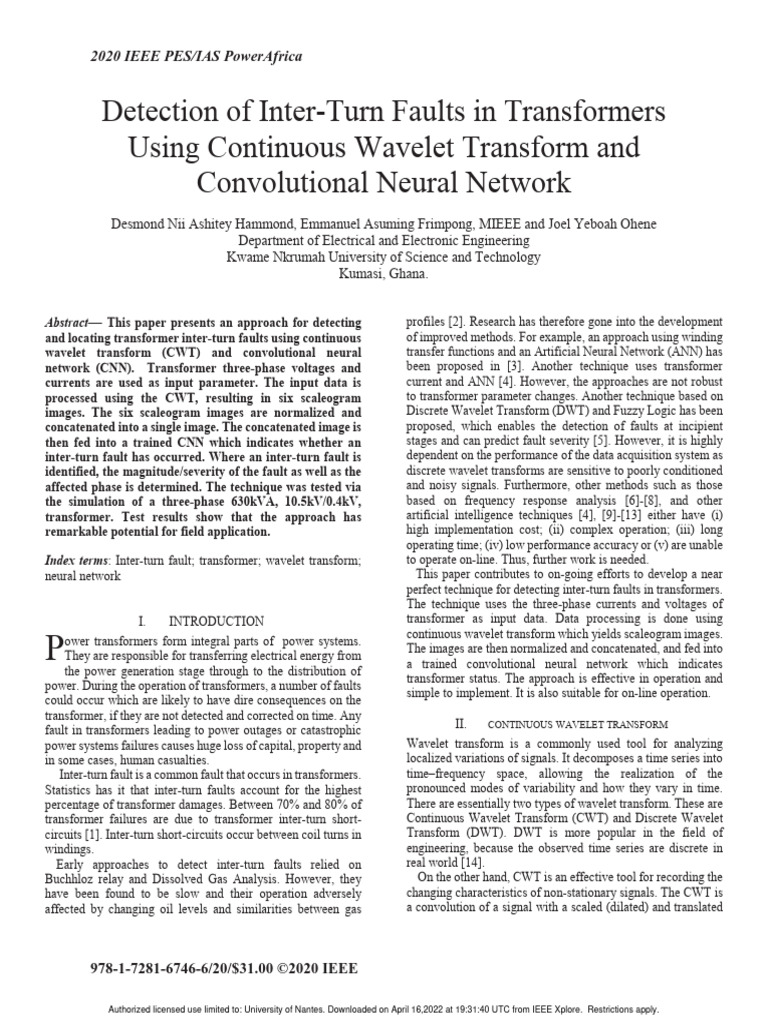 Detection Of Inter Turn Faults In Transformers Using Continuous Wavelet Transform And