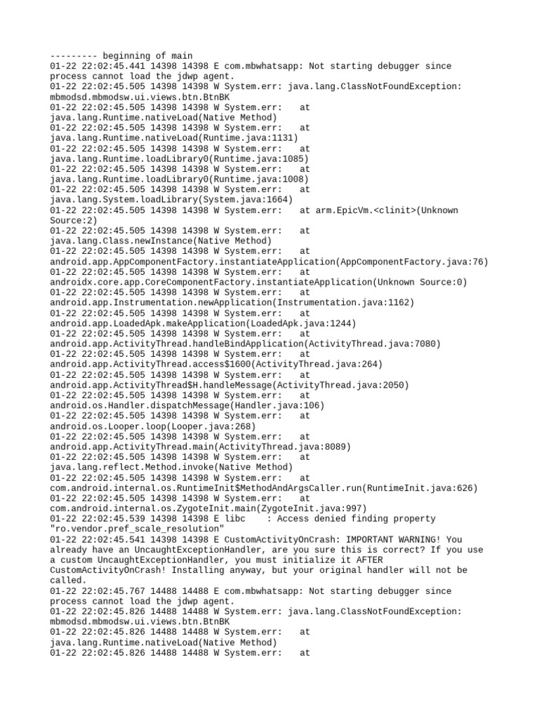 MBWhatsApp Debugging Errors Log | PDF | Java (Programming Language) | Android (Operating System)