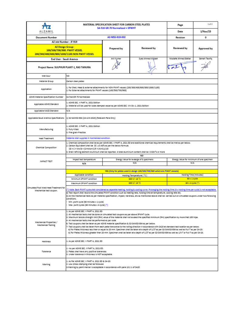 AZ-MSS-919-002 - Rev.0 (SA 516 GR.70 N+SPWHT) | PDF | Secondary Sector ...