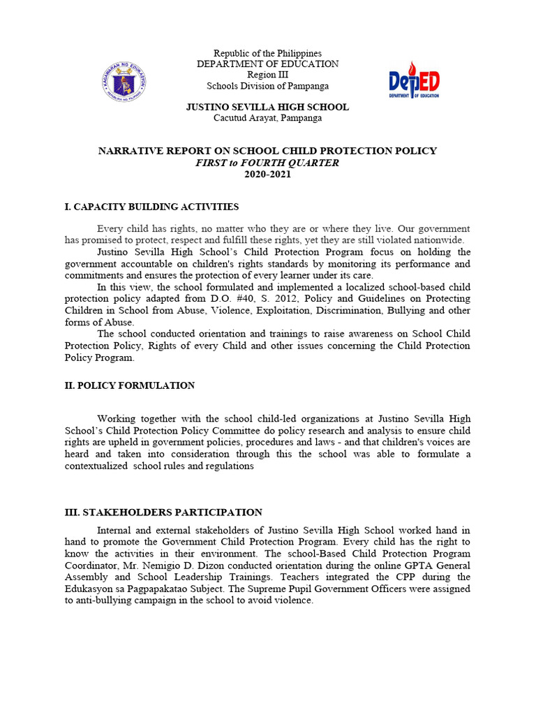 CPC Narrative Report. | PDF | Child Protection | Bullying