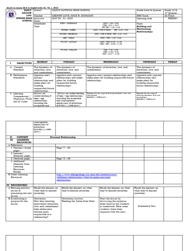 2 Daily Lesson Log PerDev Based On Annex 2B | PDF | Learning ...