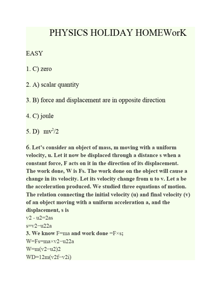 PHYSICS HOLIDAY HOMEWorK | PDF | Velocity | Force