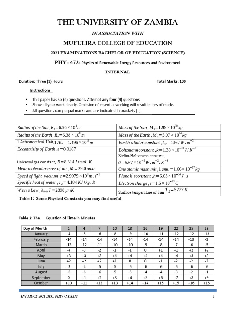 PHY472 Renewable Energy Exam | PDF | Heat Transfer | Sun