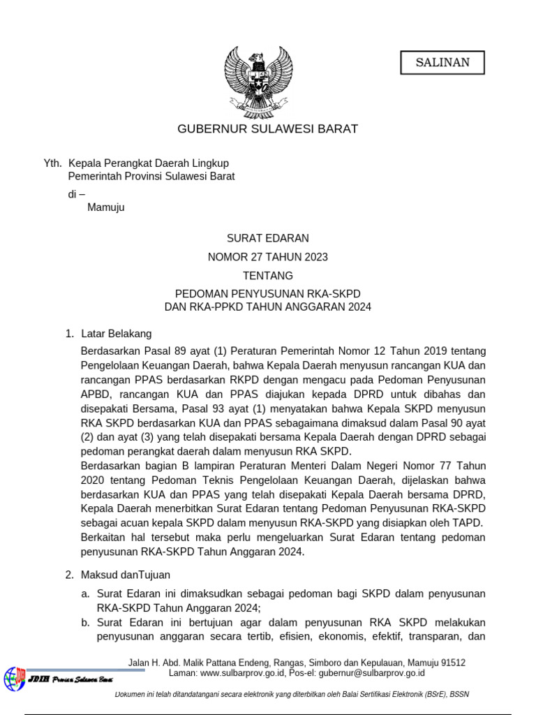 Salinan Se Nomor 27 Tahun 2023 - Pedoman Penyusunan Rka-Skpd Dan Rka-Ppkd Tahun Anggaran 2024 | PDF