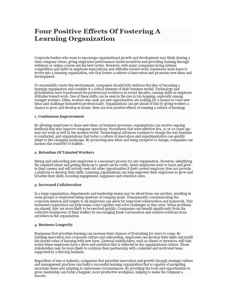 Four Positive Effects of Fostering A Learning Orga | PDF | Educational ...