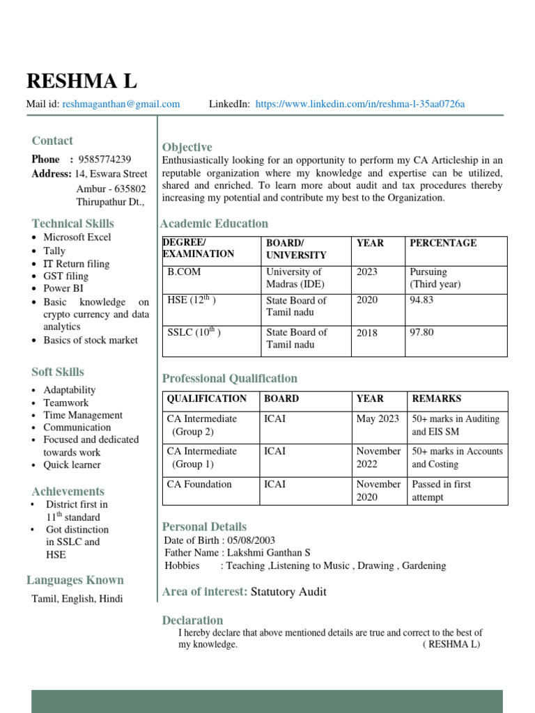 Reshma L Resume | PDF | Cognition | Learning