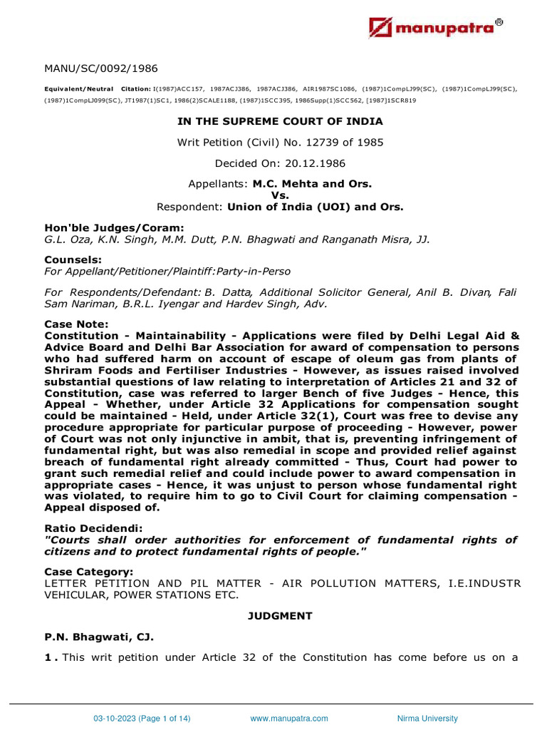 MC Mehta and Ors Vs Union of India UOI and Ors 201s860092COM97214 ...