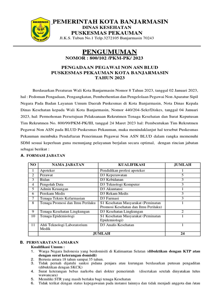PENGUMUMAN REKRUTMEN BLUD NON ASN PKM PEKAUMAN TAHUN 2023 fix | PDF