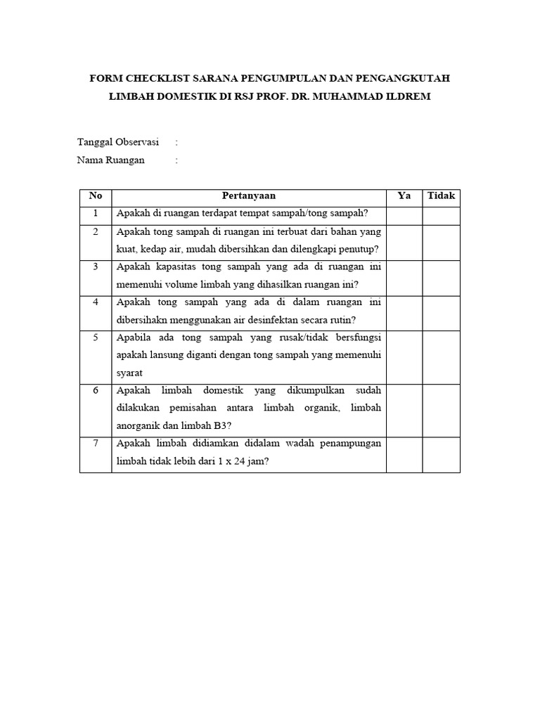 Form Checklist Tong Sampah RSJ Prof. M. Ildrem | PDF