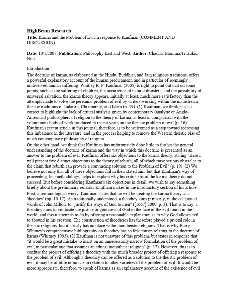 2007 - Chadha - Karma and The Problem of Evil A Response To Kaufman | PDF | Karma | Free Will