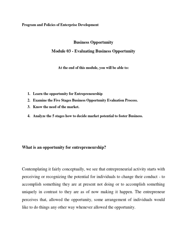 Week 3 Module-Evaluating Business Opportunity PDF | PDF | Entrepreneurship | Economies