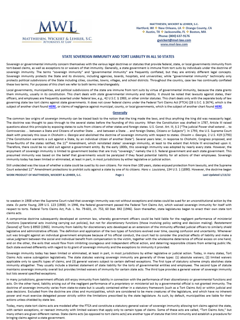 State Sovereign Immunity and Tort Liability Chart | PDF | Sovereign ...