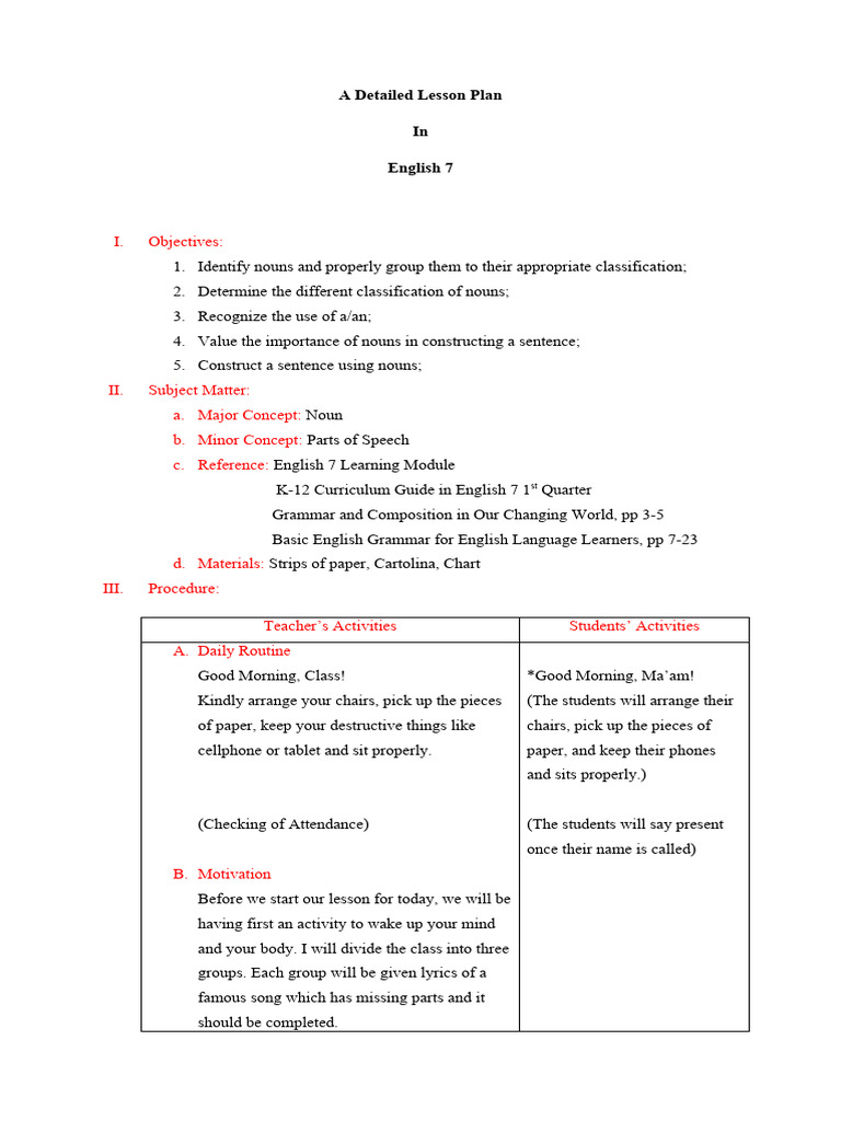 Noun Classification Lesson Plan for JHS | PDF | Noun | Word