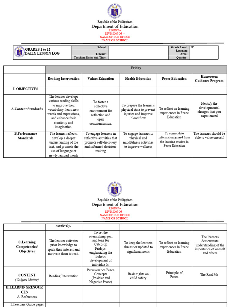 DLL Catch Up Friday Grade 4 Jan 19 | PDF | Learning | Teachers