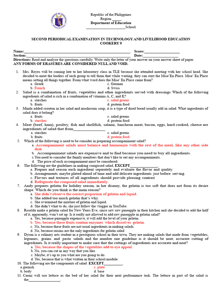G9 Exam 2ND Quarter Tle | PDF | Salad | Occupational Safety And Health