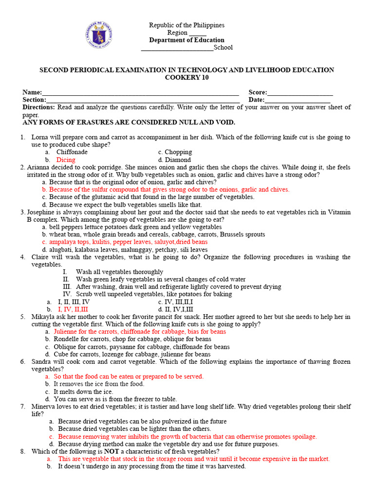 G10 Exam 2ND Quarter Tle | PDF | Vegetables | Cooking