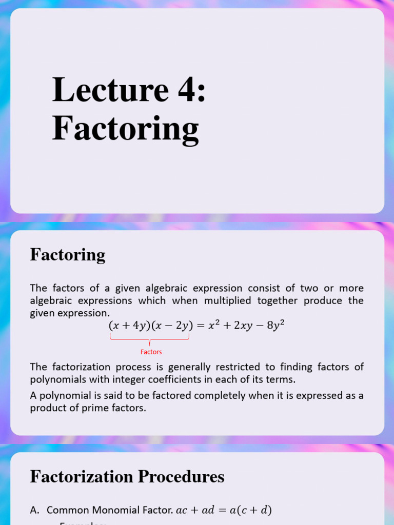 Algebra Factoring Techniques | PDF | Factorization | Abstract Algebra