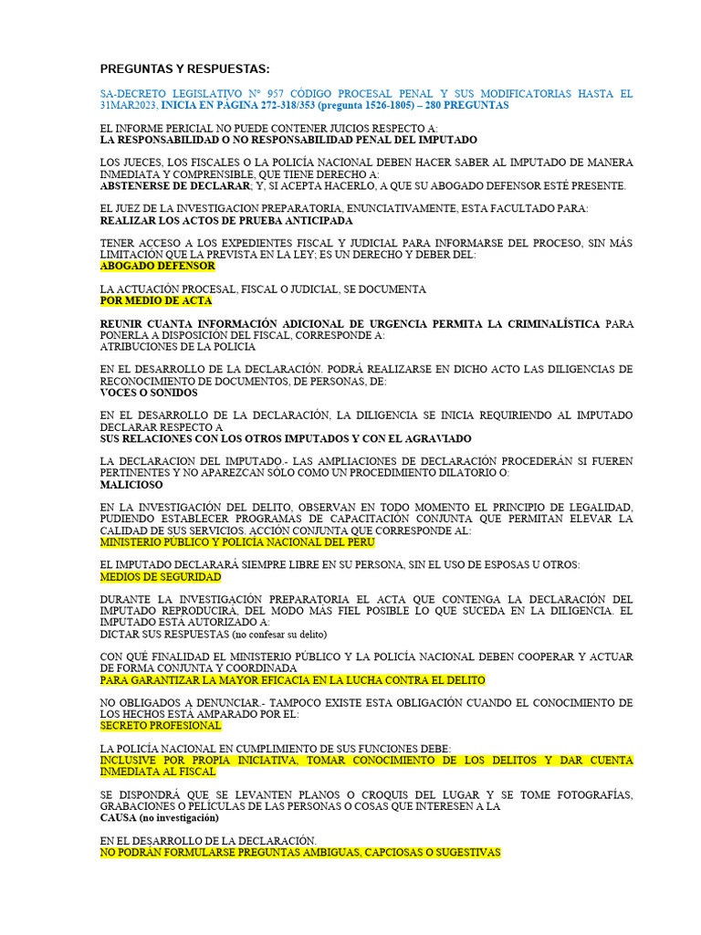 Cuestionario Código Procesal Penal - 280 Preguntas Pag - 272-318 | PDF | Fiscal | Policía