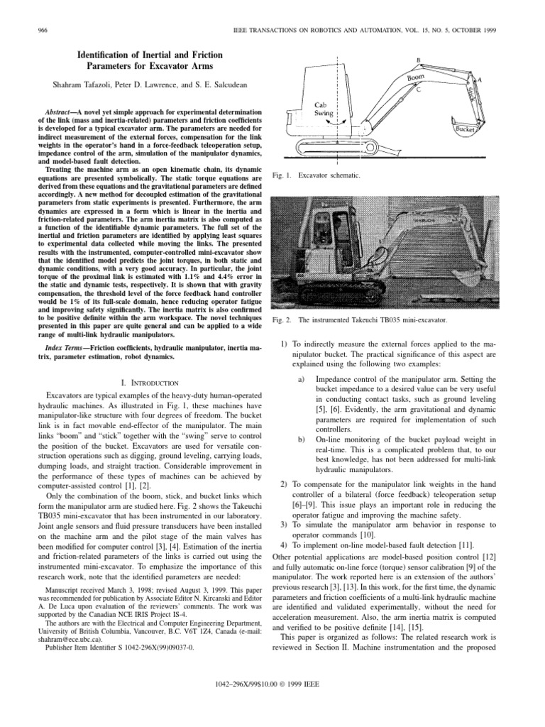 Identification of Inertial and Friction Parameters for Excavator Arms | PDF | Actuator | Torque