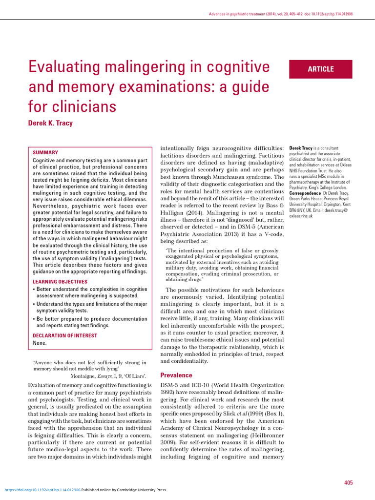 Evaluating Malingering in Cognitive and Memory Examinations A Guide For Clinicians | PDF ...