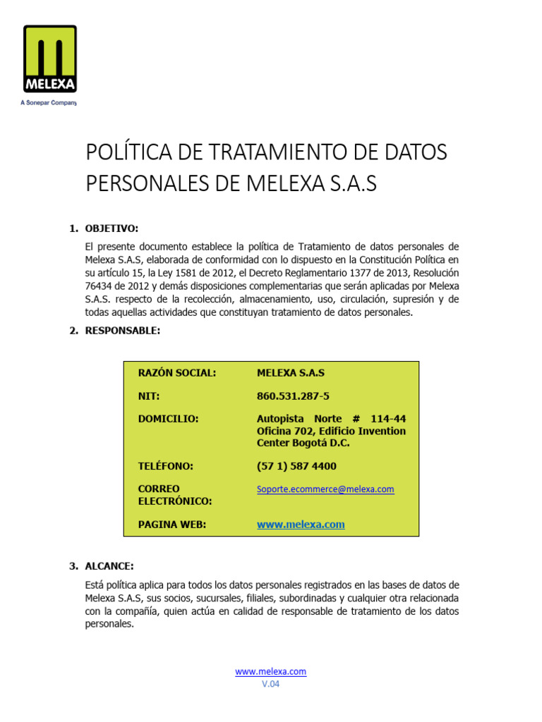 POLÍTICA DE TRATAMIENTO DE DATOS PERSONALES DE MELEXA S.A.S 2021 V4 | PDF