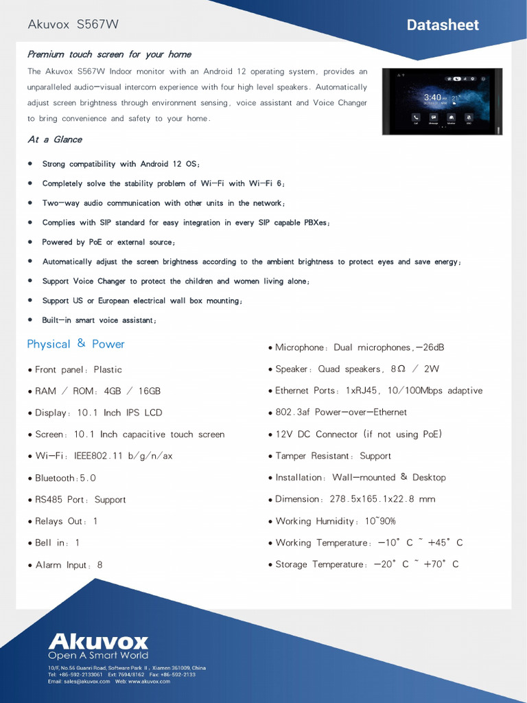 Akuvox S567W Datasheet 190917 V2.0 | PDF | Network Architecture ...