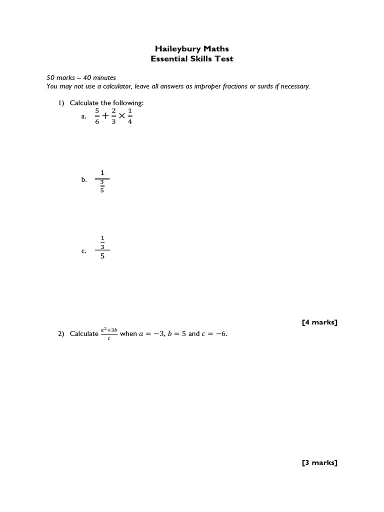 Essential Skills - Practice Test | PDF | Equations | Mathematics